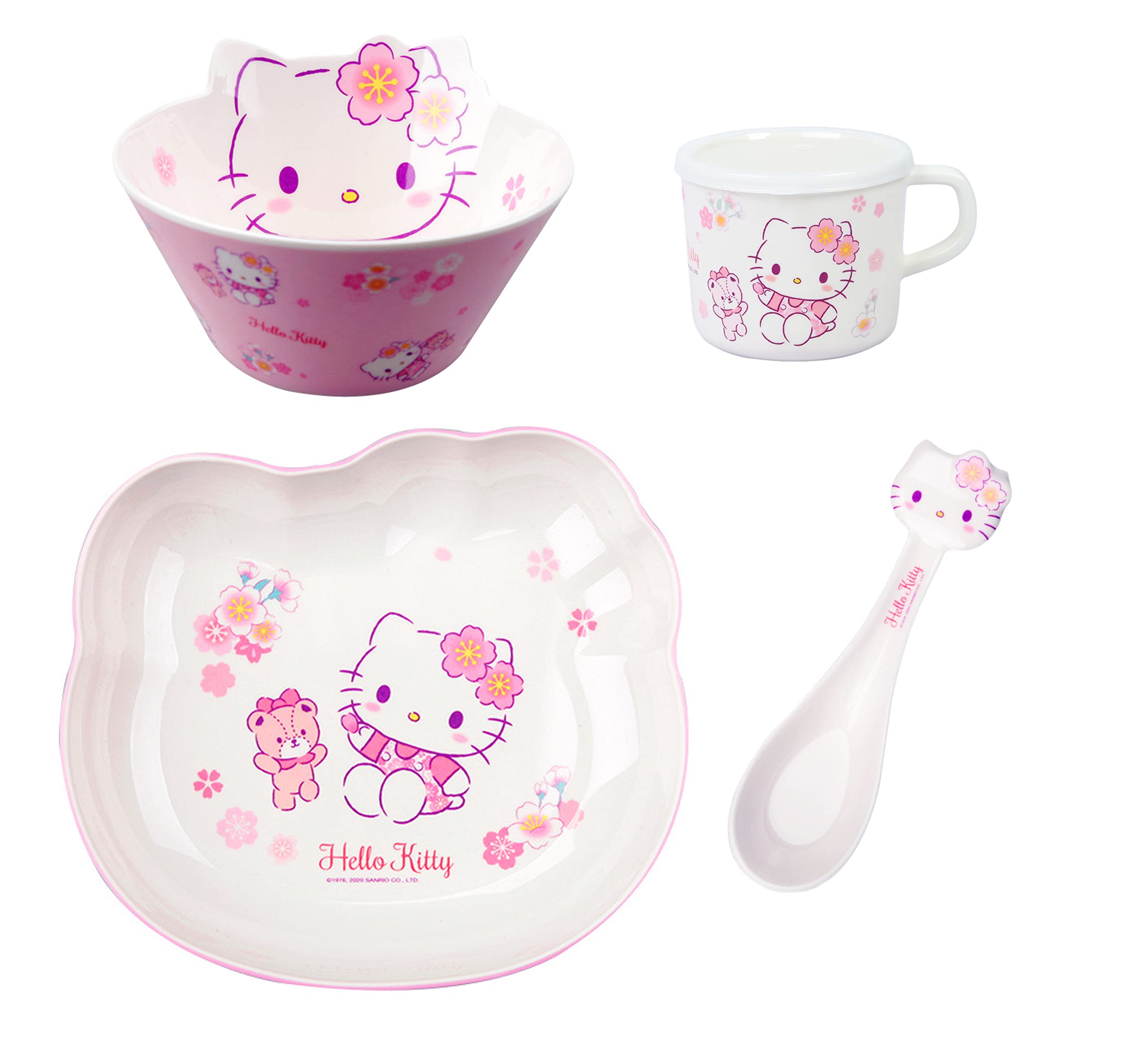 Hello Kitty Bear Sakura Cute Pink Dinnerware Flatware Meal Set ā Plate Bowl Cup Spoon, 4 pieces