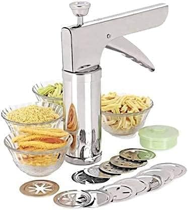 IRAM Stainless Steel Kitchen Press for Noodles, Murukku, Namkeen, and Snacks - Manual Sancha Sev Chakli Gathiya Sevaiya Maker - Silver Kitchen Tool
