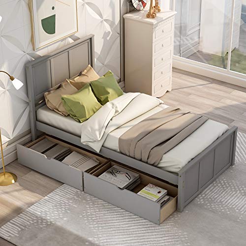Modern Wood Low Bed Frame with Headboard and Drawers, Platform Bed No Box Spring Needed/Easy Assembly, Twin Gray