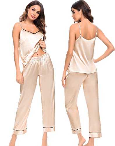 SWOMOG Womens Silk Satin Pajamas Set Two-Piece Pj Sets Cami Top and Capris Pants Sleepwear