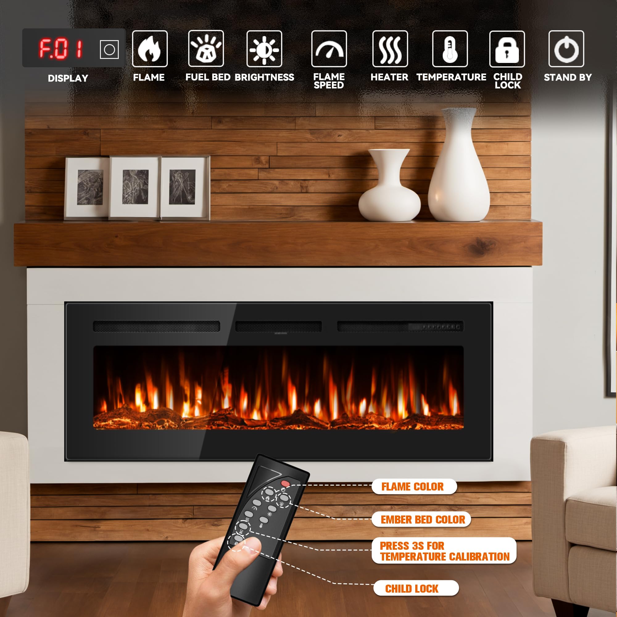 Manastin 60 Inch Electric Fireplace in-Wall Recessed and Wall Mounted with Remote Control, 750W/1500W Thin Wall Fireplace Heater(60-99ยฐF Thermostat) with 12 Adjustable Color, Timer and Log Set