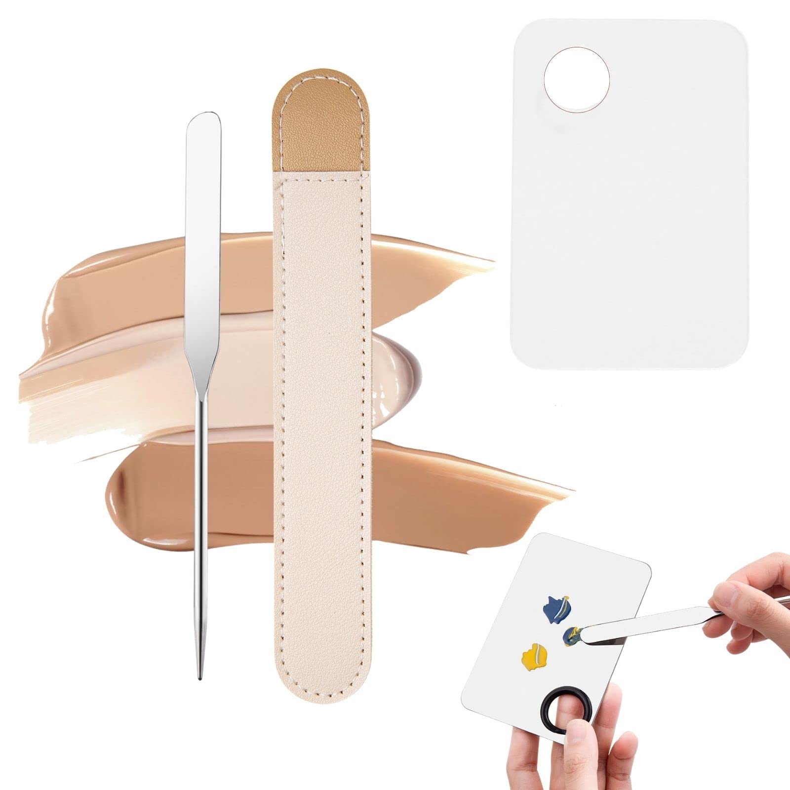 Makeup Spatula Korean,Foundation Spatula, Stainless Steel Makeup Spatula Mixing Palette Set,Ergonomic Manicure Stirring Tool Makeup Artist Tool Set(Leather Case+Palette)