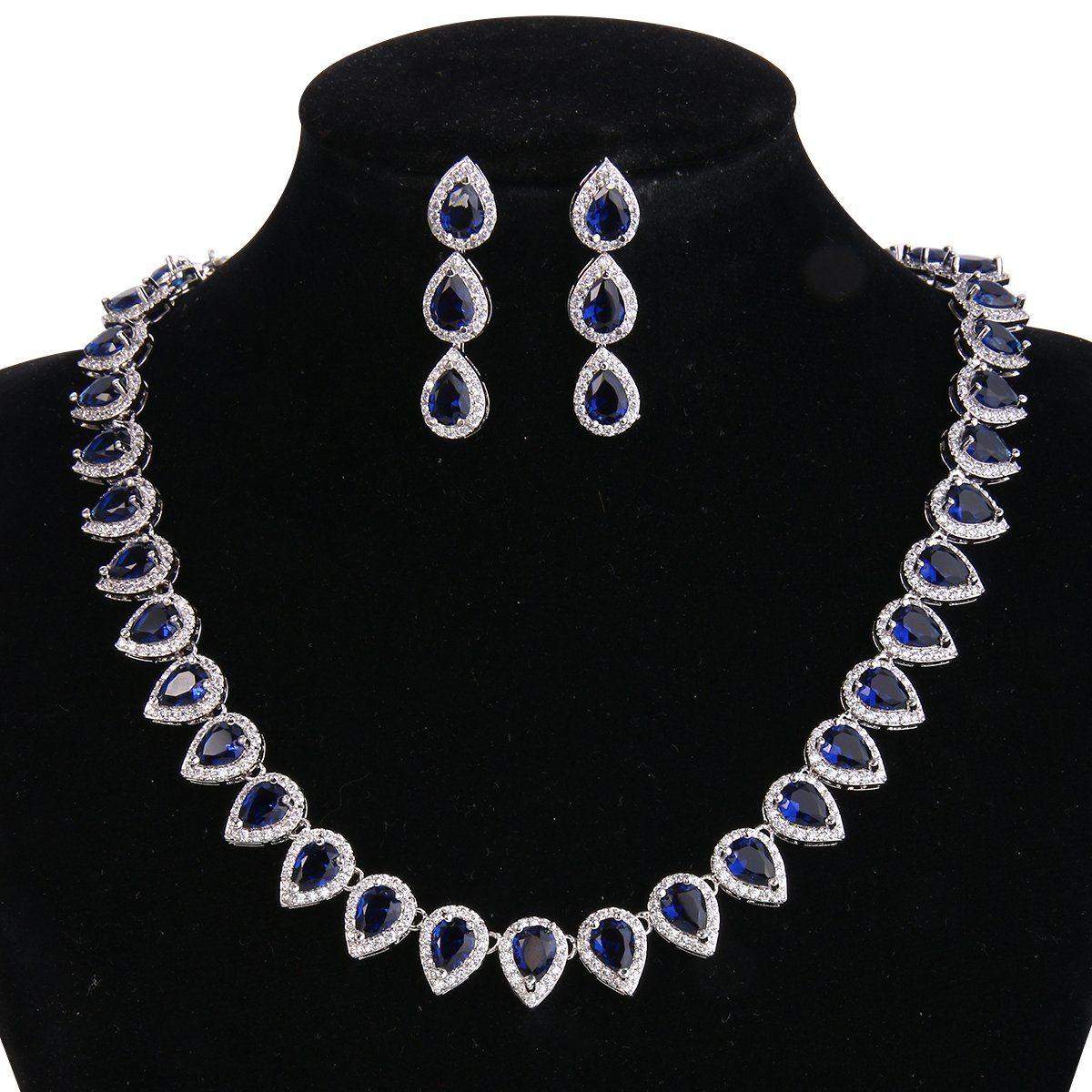 EleQueen Women's Silver-Tone Full Prong Cubic Zirconia Teardrop Bridal Necklace Earrings Set Sapphire Color