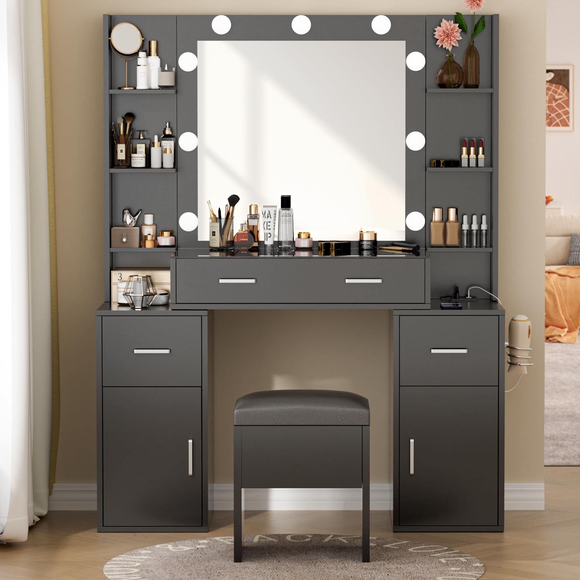 Makeup Vanity Desk with Lights, Glass Top Vanity with Charging Station, Vanity Mirror with 9 LED Lights Desk, Nightstand, Vanity Set with Storage Bench, 3 Lighting Modes Brightness Adjustable, White
