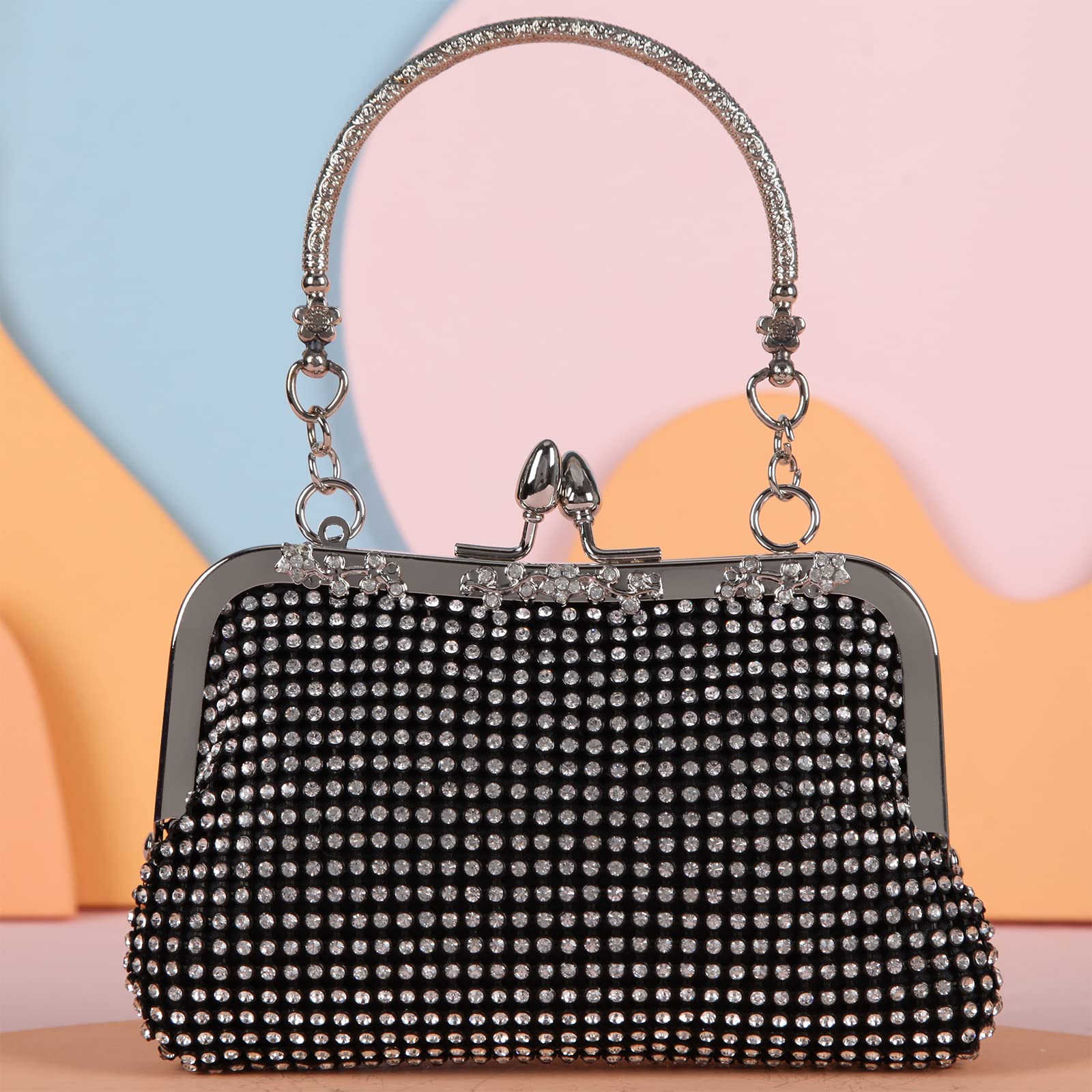Fawziya Evening Clutch Bling Rhinestone Cute Kiss Lock Handle Soft Novelty Small Purses For Women Formal-Black