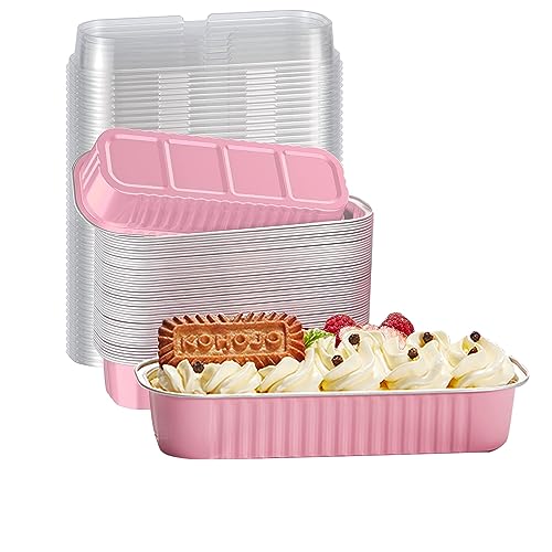 Qusitlry Aluminum Foil Loaf Baking Pans with Lids (50Pcs Pink), 200ml Ramekin Rectangle Baking Tins Muffin Liners Mini Pie Pans Foil Bread Containers for Baking…