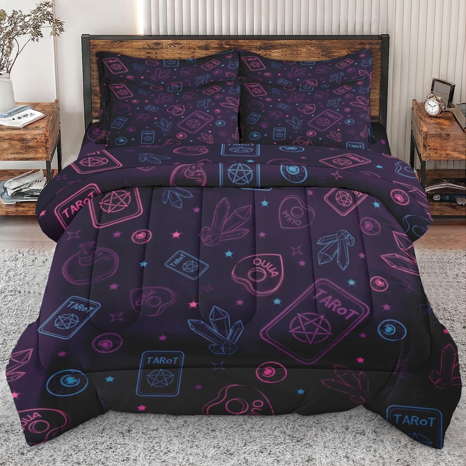 Pinbeam 7 Pcs Comforter Set Queen Size, Witchy Purple Blue Bed in a Bag with Flat Sheet and Fitted Sheet for Kids and Adults, Tarot Board Bedding Set with Pillowcase & Sham