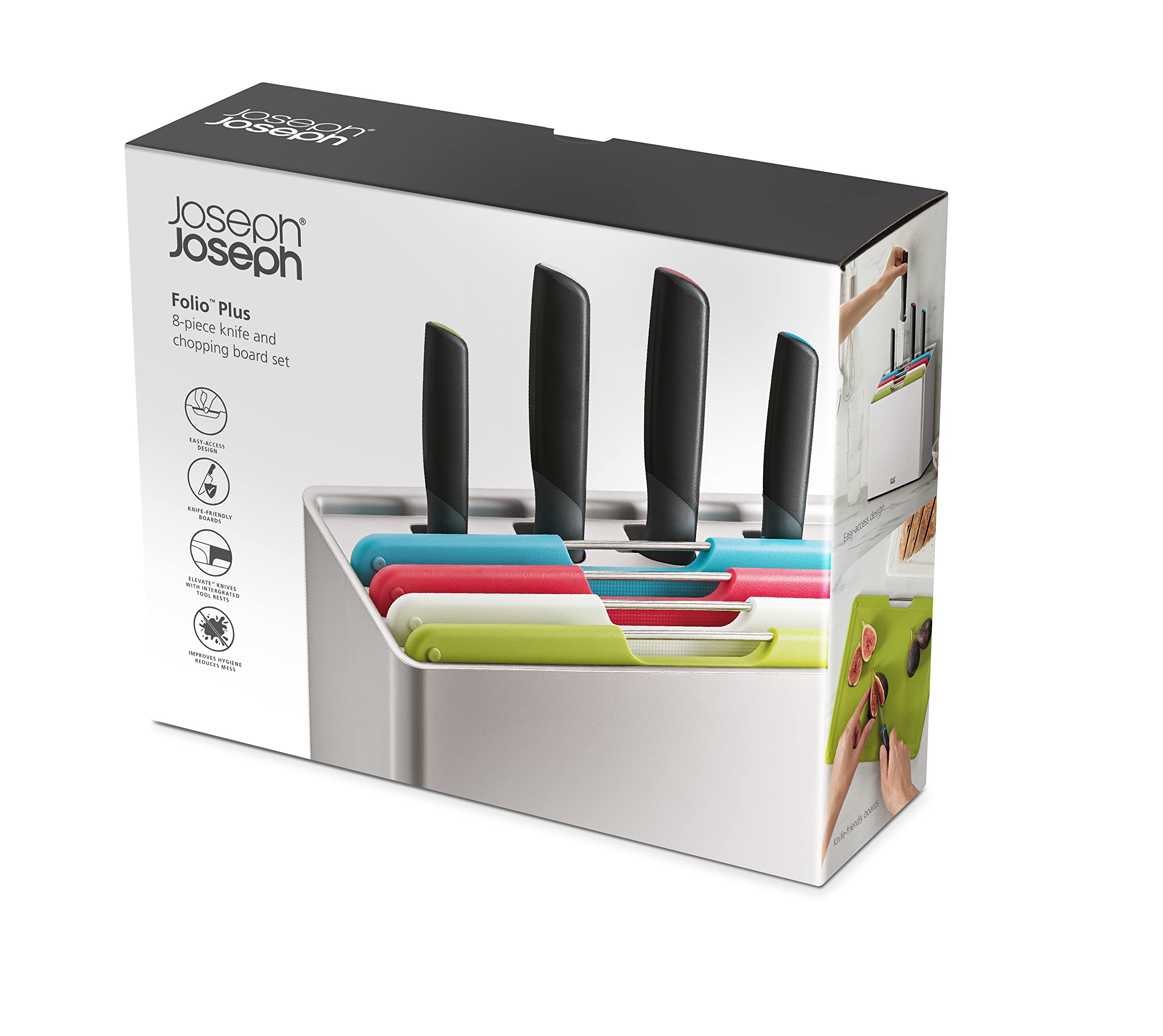 Joseph Joseph Folio Plus, 8-Piece Colour Coded Knife & Chopping Board Set - Multicolour