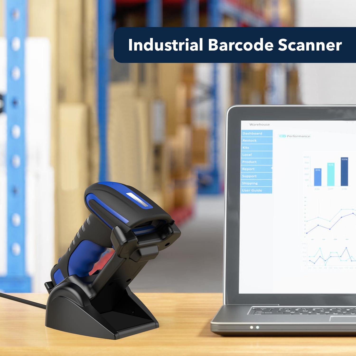 Symcode Industrial Barcode Scanner Wireless 2.4Ghz 2 in 1 USB Wired IP67 Extreme Drop Resistance.1.44TFT Screen Display Barcode Type can be displayed. Length, Data for Windows Mac Android iOS(Blue) …