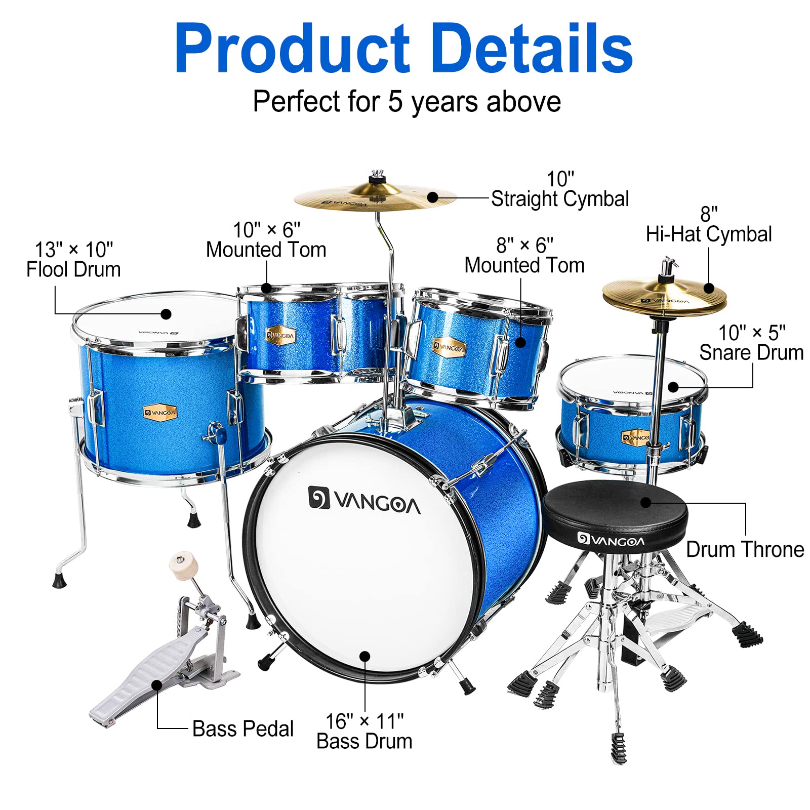Kids Drum Set, 5 Piece Junior Drum Set for Beginner, 16 Inch Drum Set for Student Children Teens Starter Kits with Adjustable Throne Cymbal Pedal Drumsticks Bright Blue, by Vangoa