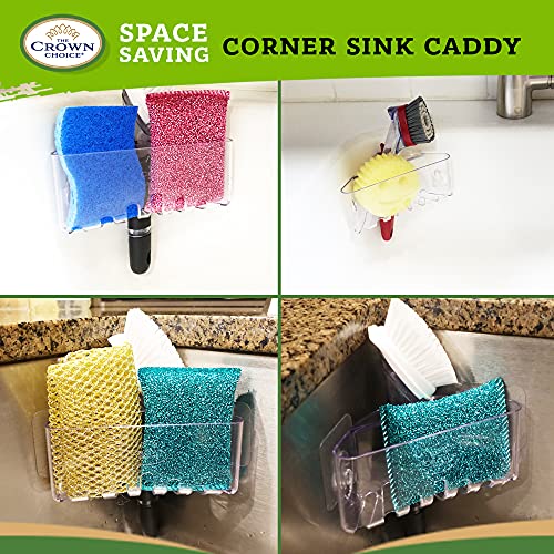 The Crown Choice Kitchen Sponge and Brush Holder – Space Saving Corner Sink Caddy - Sponge Holder Plastic, Adhesive, Rust Proof and Water Proof – Kitchen Holder Sponges, Scrubbers, Soap