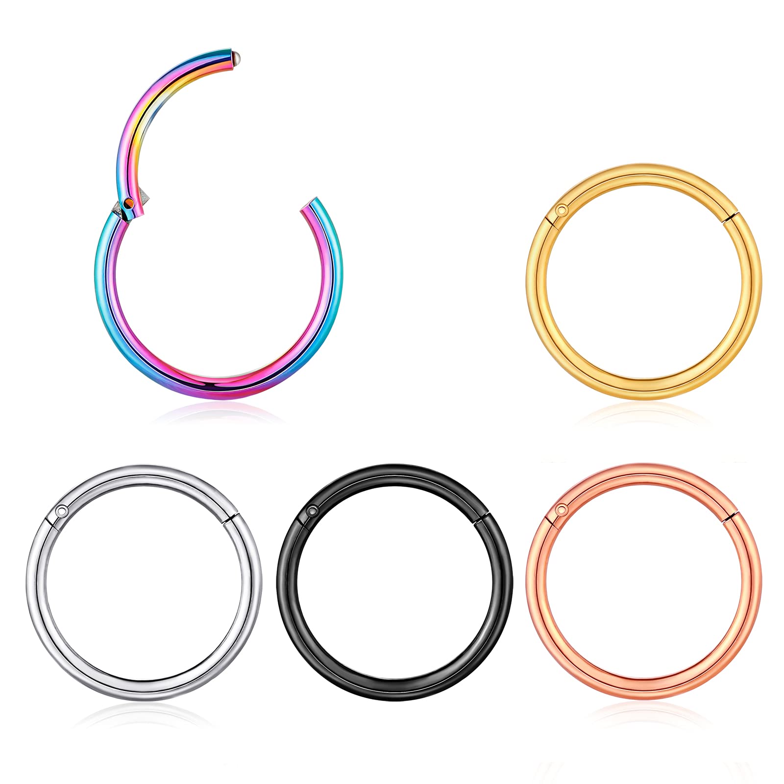 Generic 5Pcs Set 16G Nose Rings 316L Surgical Steel Hinged Segment Ring Septum Clicker Lip Nipple Rings Cartilage Rook Helix Conch Tragus Daith Earring Piercing Jewelry, Multicolor (EVBD0018-8mm)