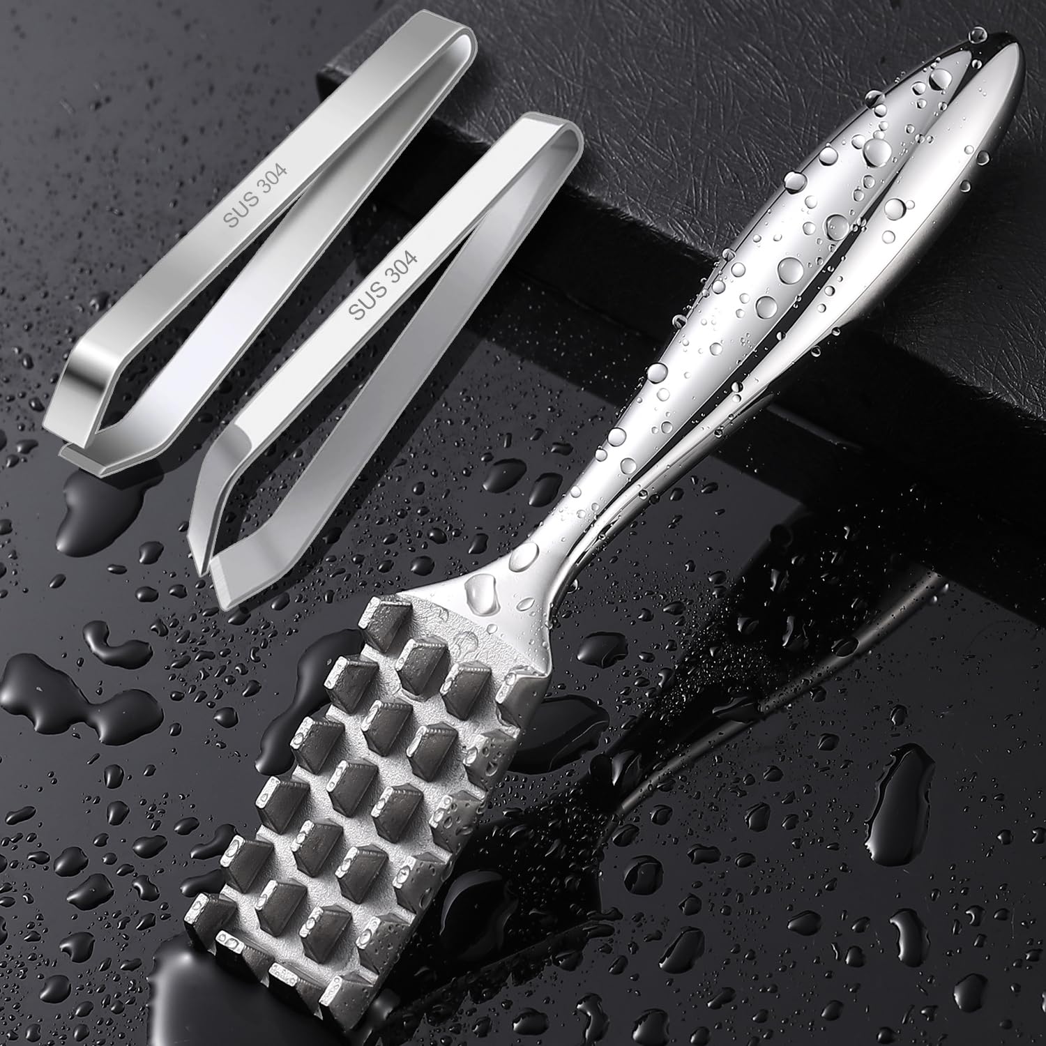 SUCCFLY Fish Scaler Set, Premium Fish Descaler Tool, Stainless Steel Fish Scale Remover with Serrated Sawtooth Ergonomic Handle for Kitchen, Seafood Markets (Fish Scaler + 2 Pack Fish Bone Tweezers)
