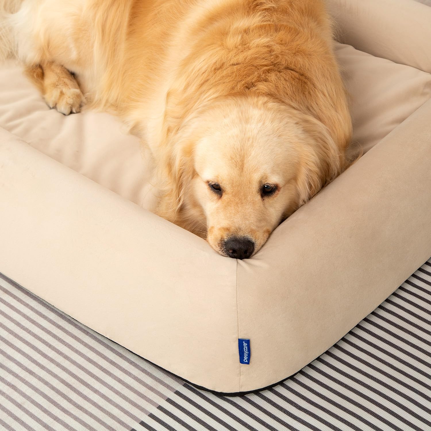 pettycare Orthopedic Dog Bed for Large Dogs Waterproof Pet Bed Soft Sofa with Two Fabrics Washable Removable Cover Egg Foam Support Anti-Slip Bottom Extra Head and Neck Support Sleeper,XL Beige