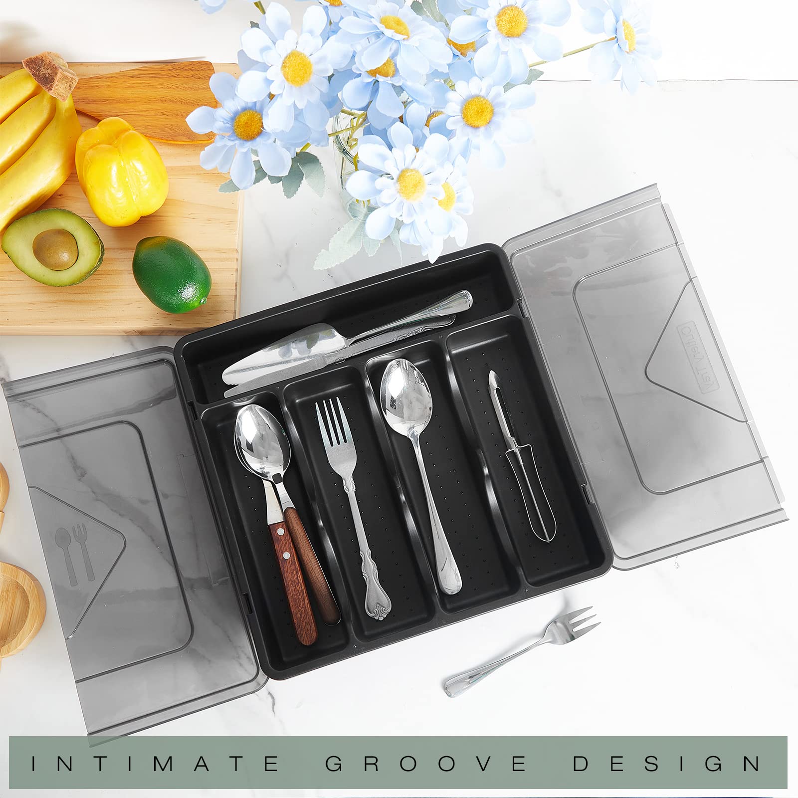 Geetery 2 Pcs Large Silverware Organizer with Lid, 5 Compartments Utensil Holder for Countertop Drawer Plastic Anti Slip Cutlery Tray Flip Cover Silverware Tray with Lid Flatware Organizers, Black