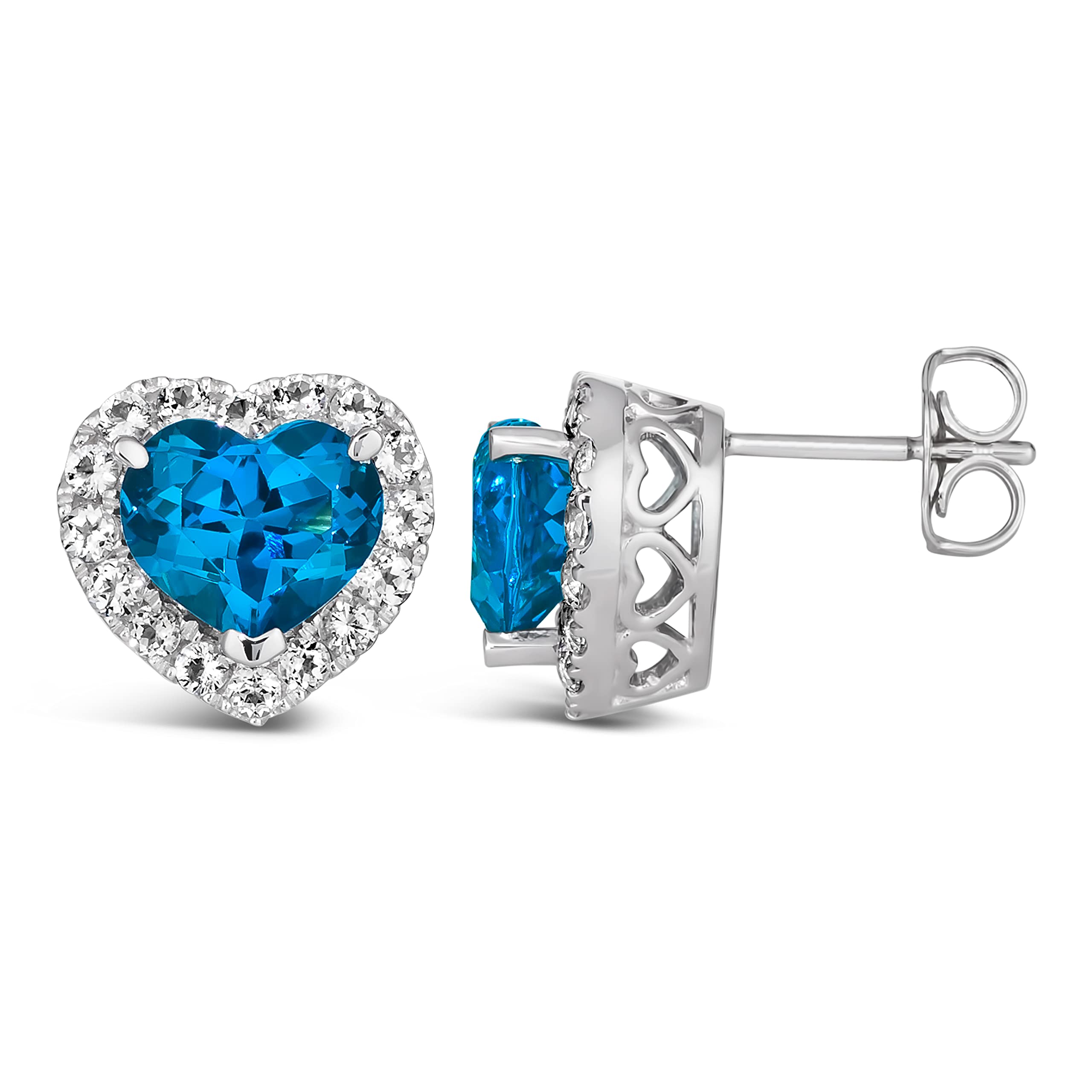 LE VIAN 3 2/3 Carat Blue and White Topaz Heart Halo Stud Earrings for Women in 14k White Gold with Push Back