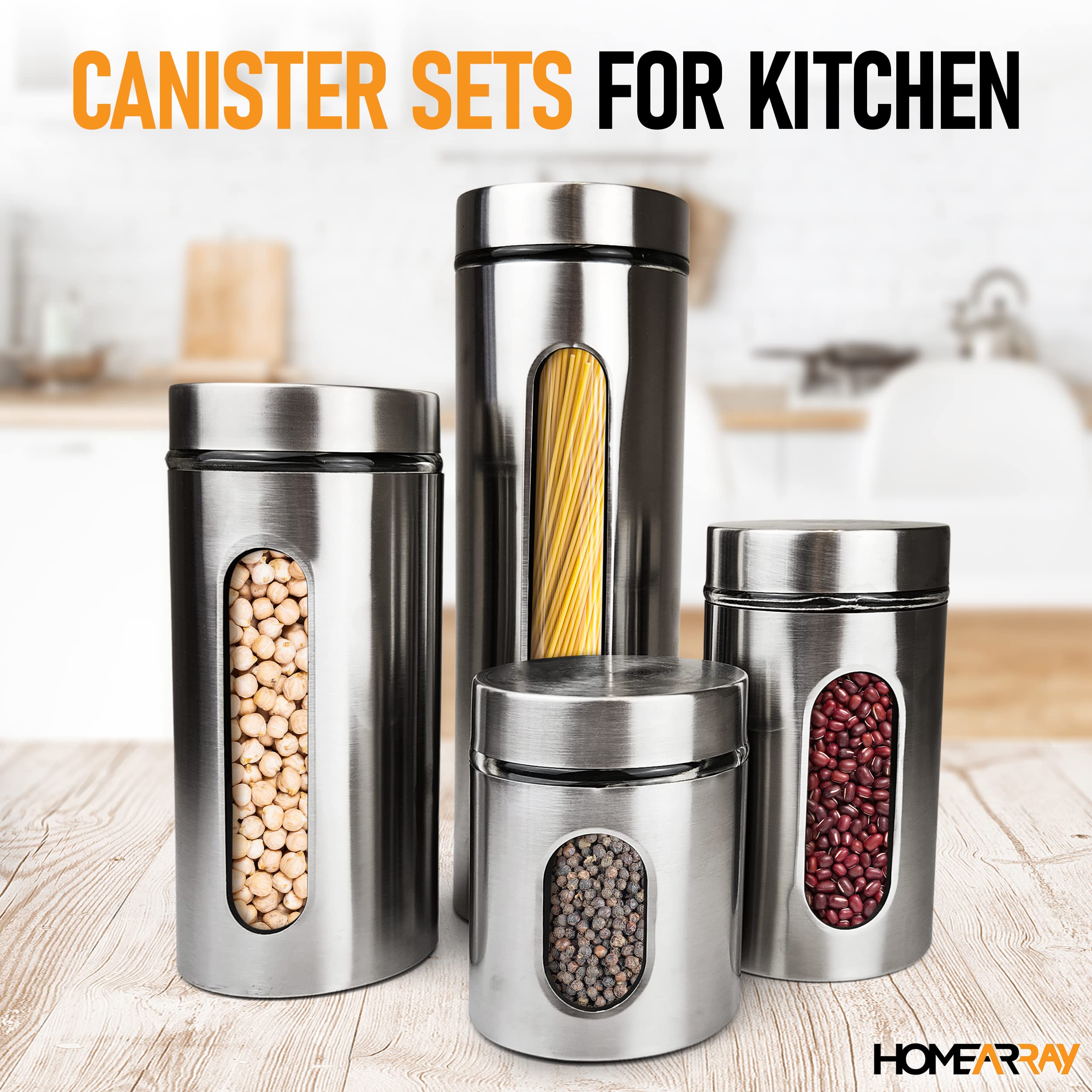 HOMEARRAY Stainless Steel Kitchen Canisters for Countertop β Set of 4 Stainless Steel Containers with Lids β Kitchen Containers Storage Set with Glass Window for Pasta, Cereal, Flour