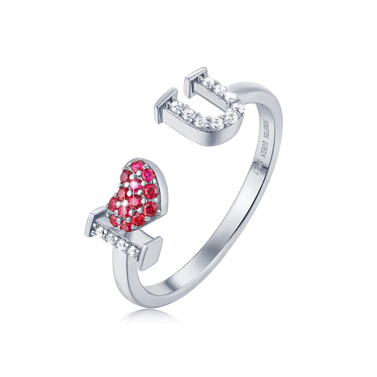 FOREVER QUEEN I Love You Ring Gift For Wife friend Mom Daughter 925 Sterling Silver White gold Heart Inscription Jewelry CZ Adjustable Open Ring for Women Valentine's Day Mother‘s Day Gift