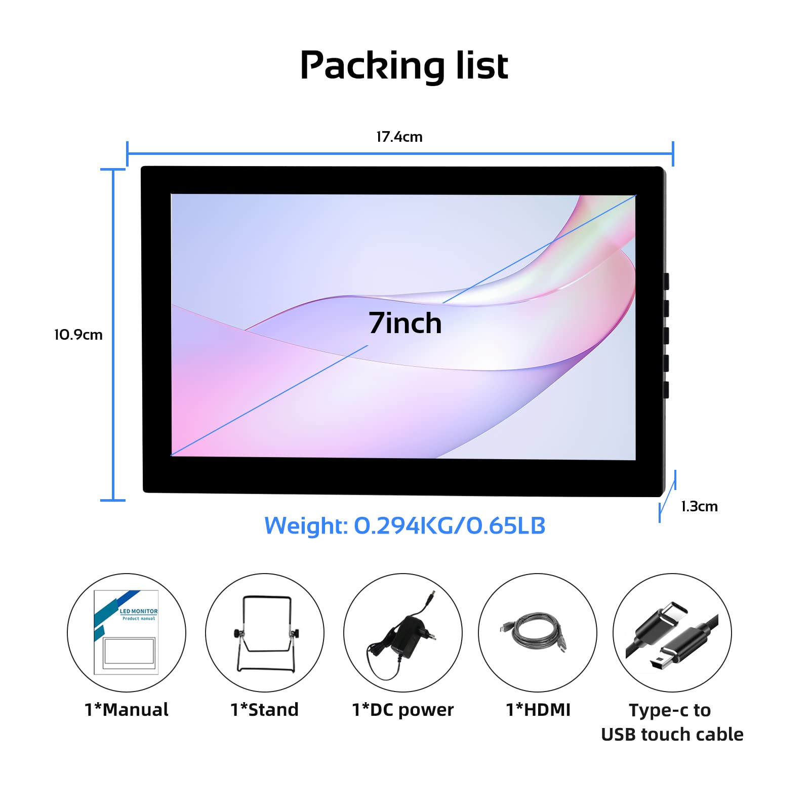 Kenowa 7 Inch Touchscreen Monitor, HD 1024x600 Portable USB-C Touch Screen with HDMI and Built in Speaker for Raspberry pi 4B 3B+ 2 Model B Computer Laptop,with Metal Bracket