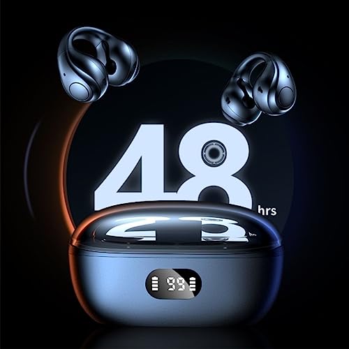 Open Ear Headphones Wireless Bluetooth 5.3,Noise Cancelling Earbuds,HiFi Stereo Headphones,Wireless Headphones, Ear Stereo Bass Headset with Earhooks LED Battery Display (Black)