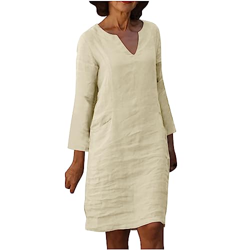 Women's Summer Dresses 2023 Cotton Linen Long Sleeve V-Neck Shirt Dress Flowy Hawaiian Beach Casual Loose Midi Dresses