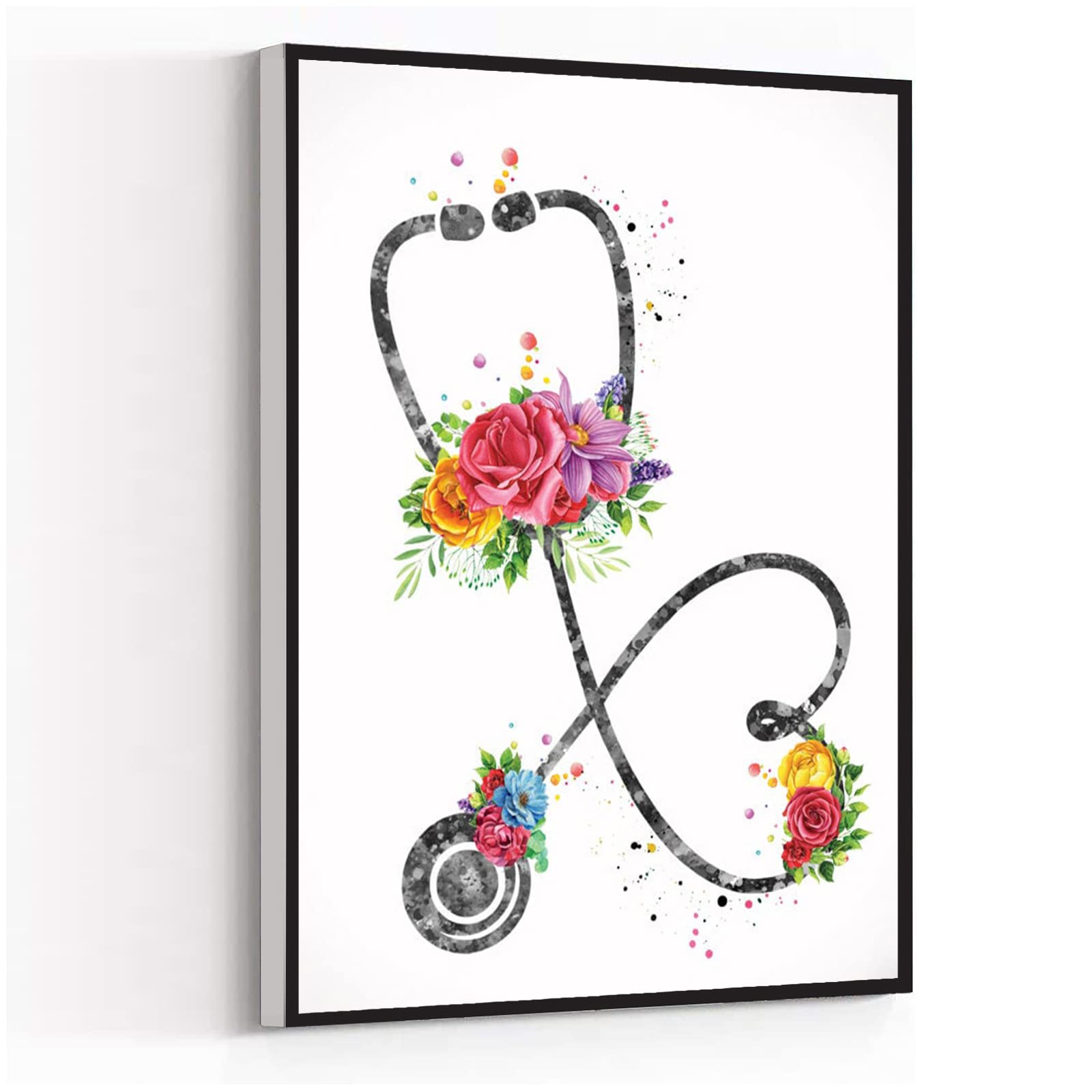Stethoscope Floral Watercolor Print Medical Tools Wall Art Nurse Gift Medical Art Flovers Clinic Decor Gift Doctor Office Nurse Gift Canvas Wall Decor 8X12 Inch Framed Modern Canvas Wall Art
