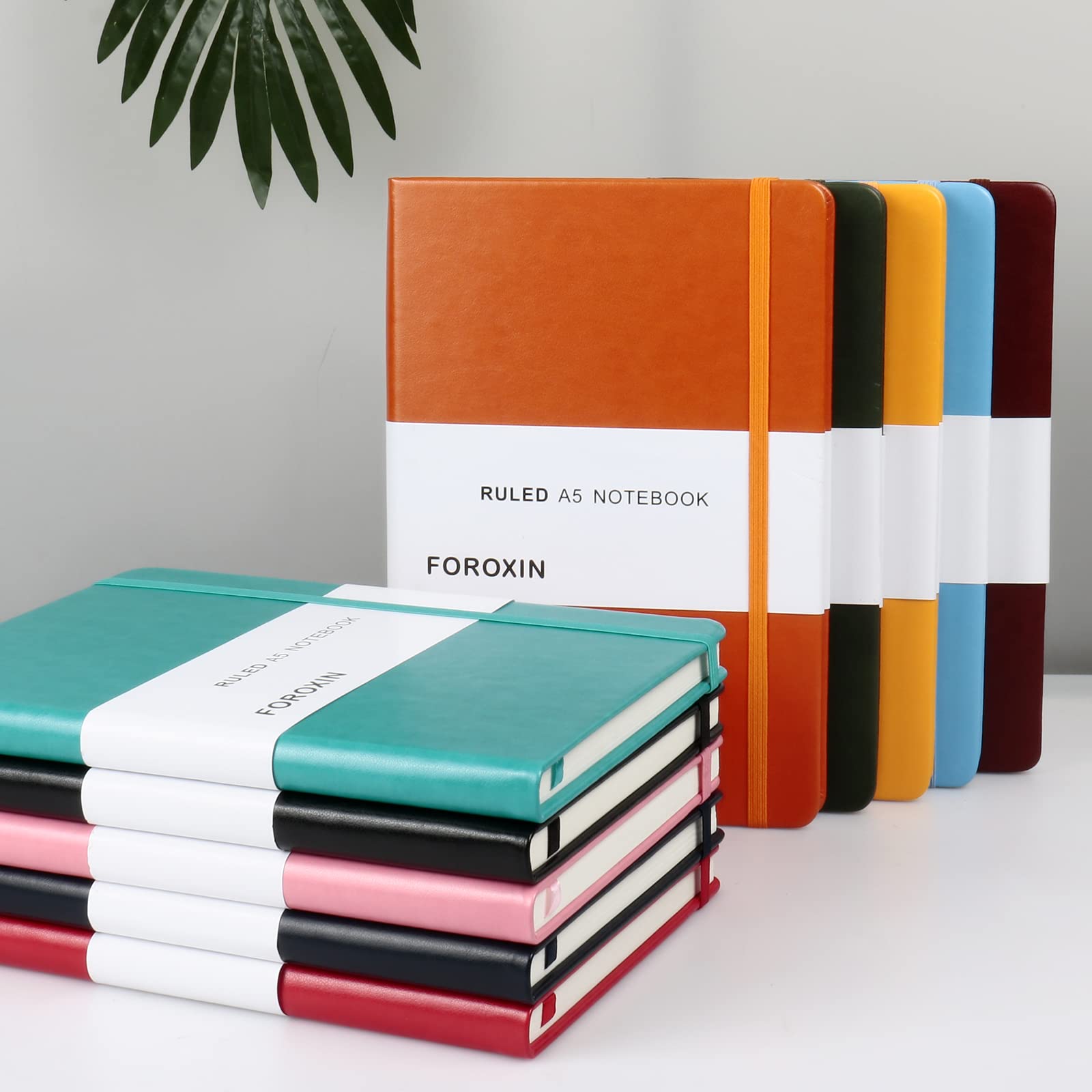 foroxin Lined Journal Notebook Dark Green Leather for Women Men 2 Pack 8.3 x 5.7 Large College Ruled 192 Pages 80gsm Hardcover Notebooks Work Home School with Elastic Band Closure and Ribbon Bookmark