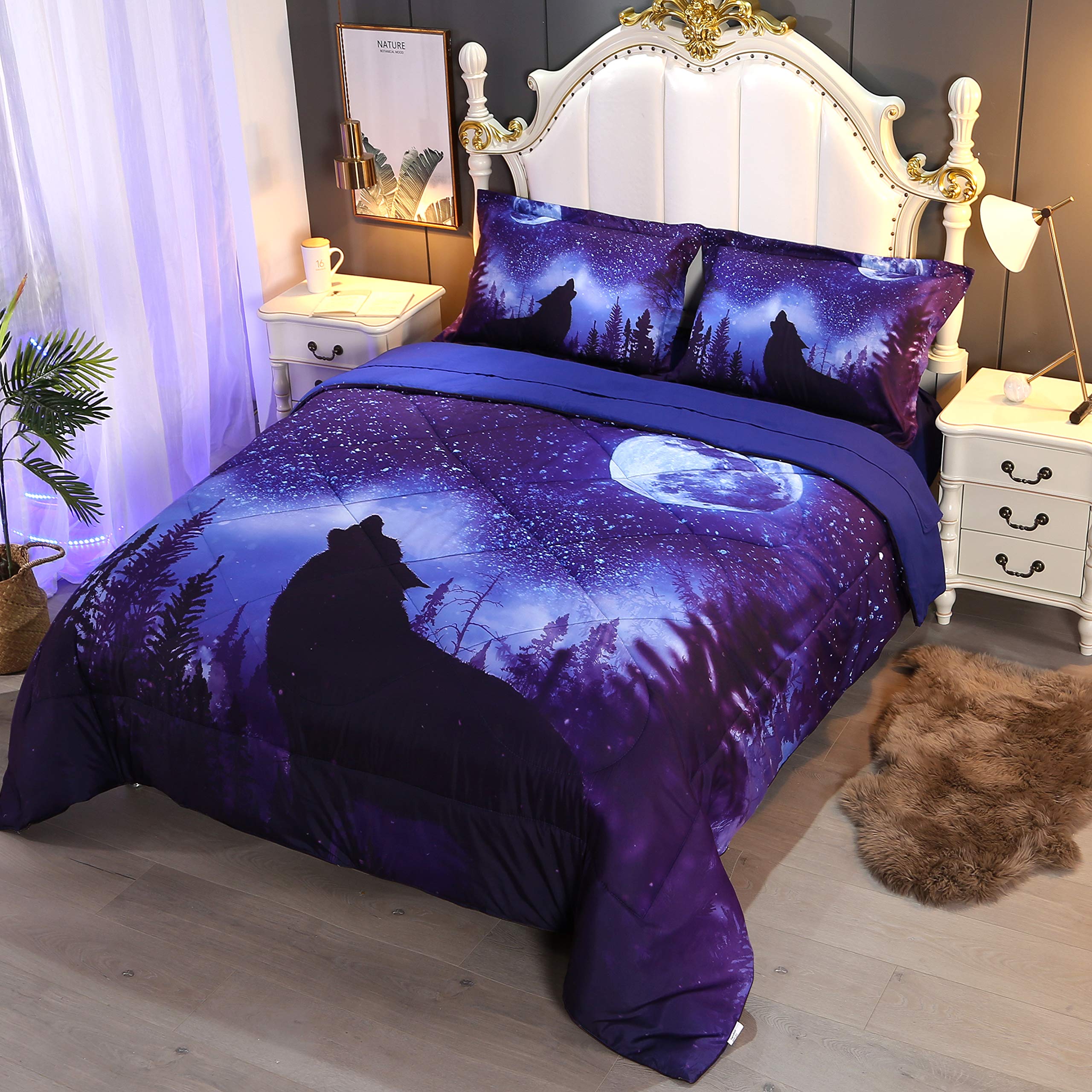 Wowelife Wolf Comforter Set Bedding Set Twin Blue 5 Pieces Forest Bedding Set Wolf Bed Set Twin Kids Bed in a Bag for Boys and Girls with Sheet Sets, Super Breathable Soft
