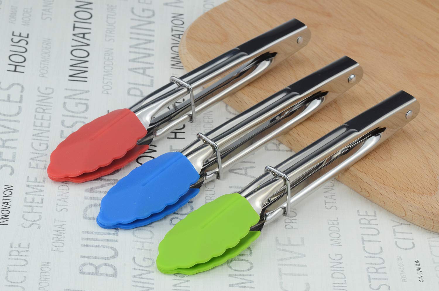 HINMAY Mini Tongs with Silicone Tips 7-Inch Serving Tongs, Set of 3 (Green Red Blue)