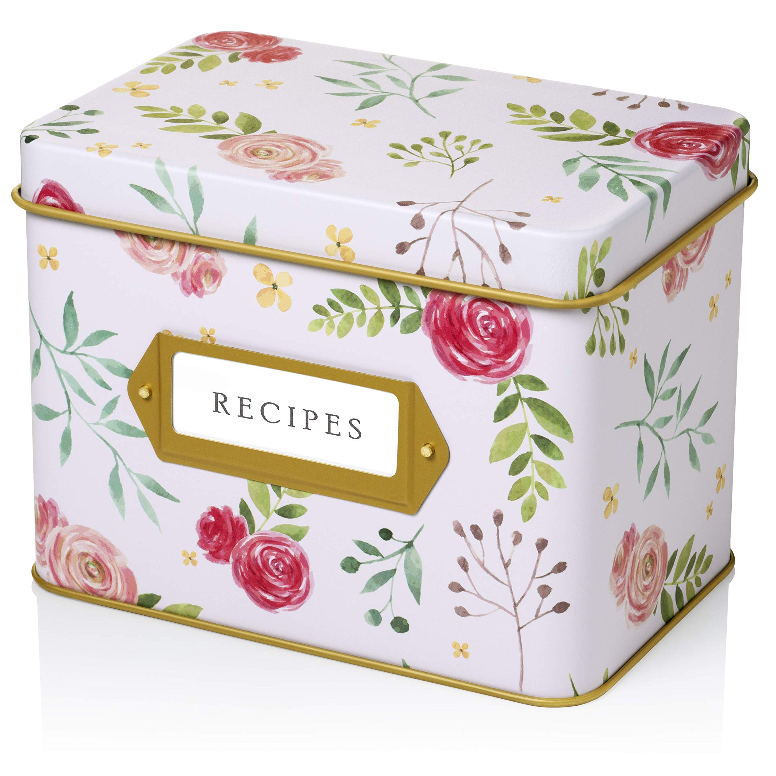 Jot & Mark Decorative Recipe Tin Box for Recipe Cards, Greeting Card Holder | Holds Hundreds of 4” x 6” Cards (Pink Peonies)