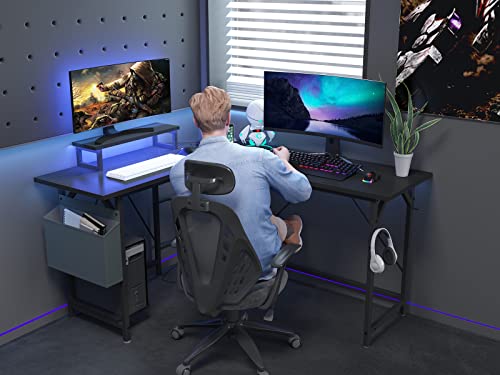 SZXKT Gaming Desk with Monitor Stand and Power Outlets,l Shaped Desk with Storage and LED Lights,Home Office Reversible Corner Computer Desk with Hooks (Black)