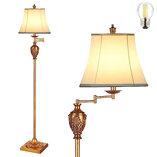 Traditional LED Floor Lamp with 350° Adjustable Swing Arm Lamp – Vintage Pole lamp Swing arm for Living Room, Bedroom and Office – Rustic Upright Floor Light for Home Décor with Silk Fabric Shade
