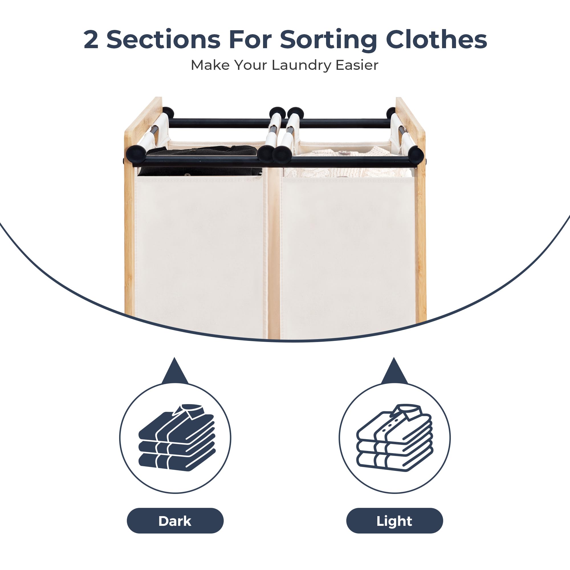 STO STO Laundry Sorter 2 Section with Bamboo Frame, 2 Bag Laundry Hamper, Rolling Laundry Cart Basket with Lockable Wheels and Removable Bag for Clothes Storage in Laundry Room and Bedroom, Beige