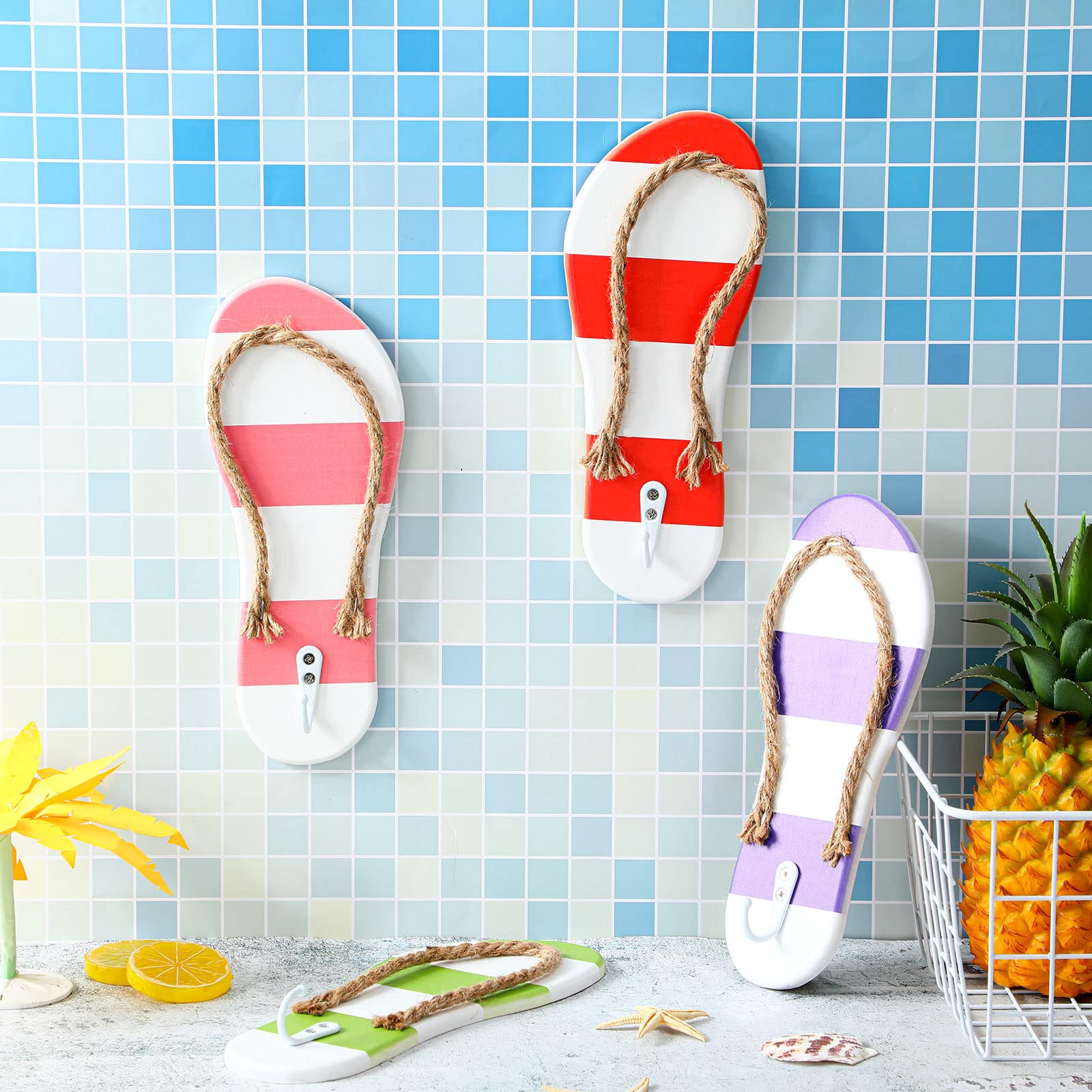 Sintuff 4 Pcs Pool Towel Hooks Wooden Ornament Hooks Hawaii Decorative Wall Hooks Towel Rack Hangers for Beach Swimming Pool Bathroom Bedroom Decoration(Ocean)
