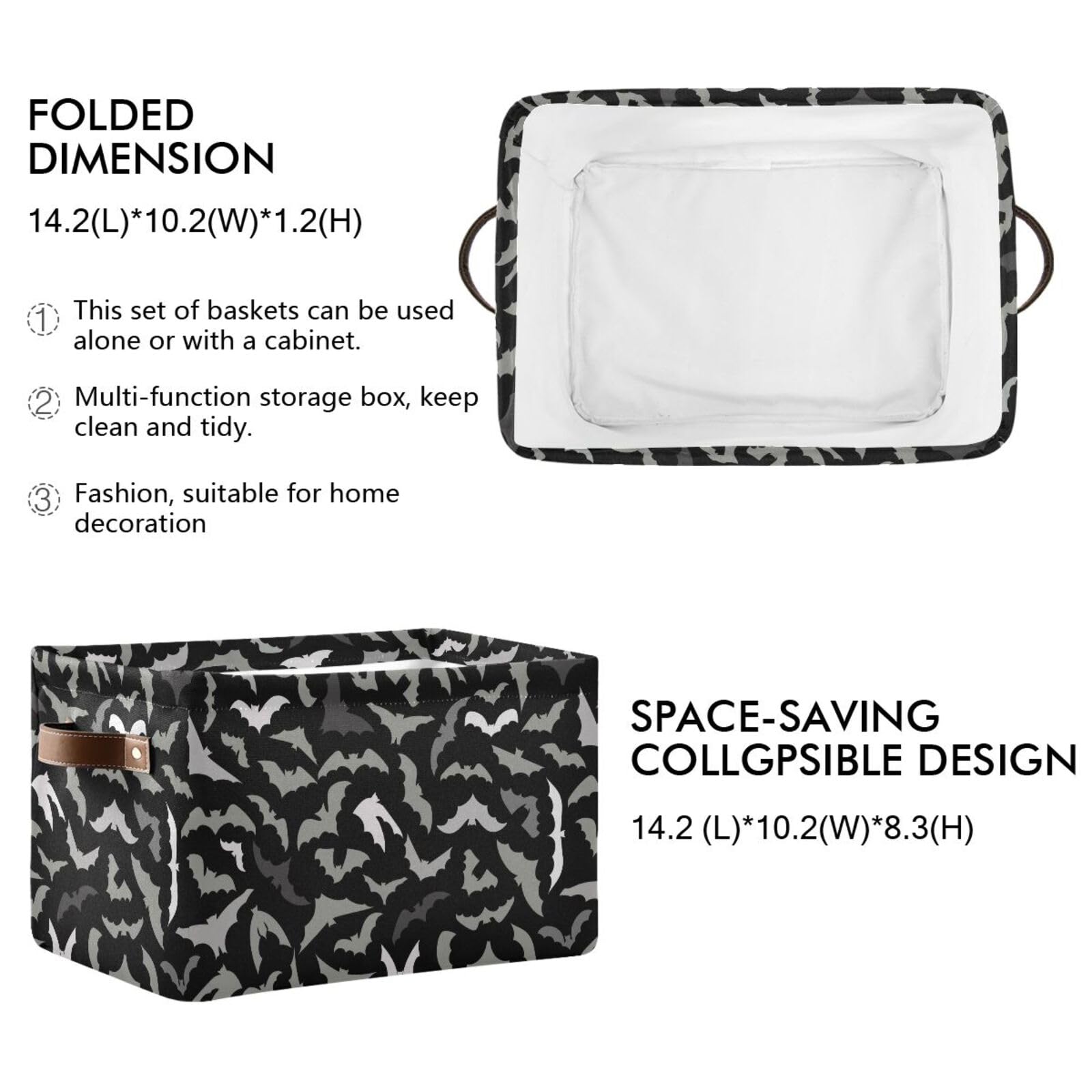 Sletend Halloween Bats Rectangular Storage Bin Foldable Sturdy Organizer Basket with Leather Handles for Organizing Home Office Nursery-1Pack