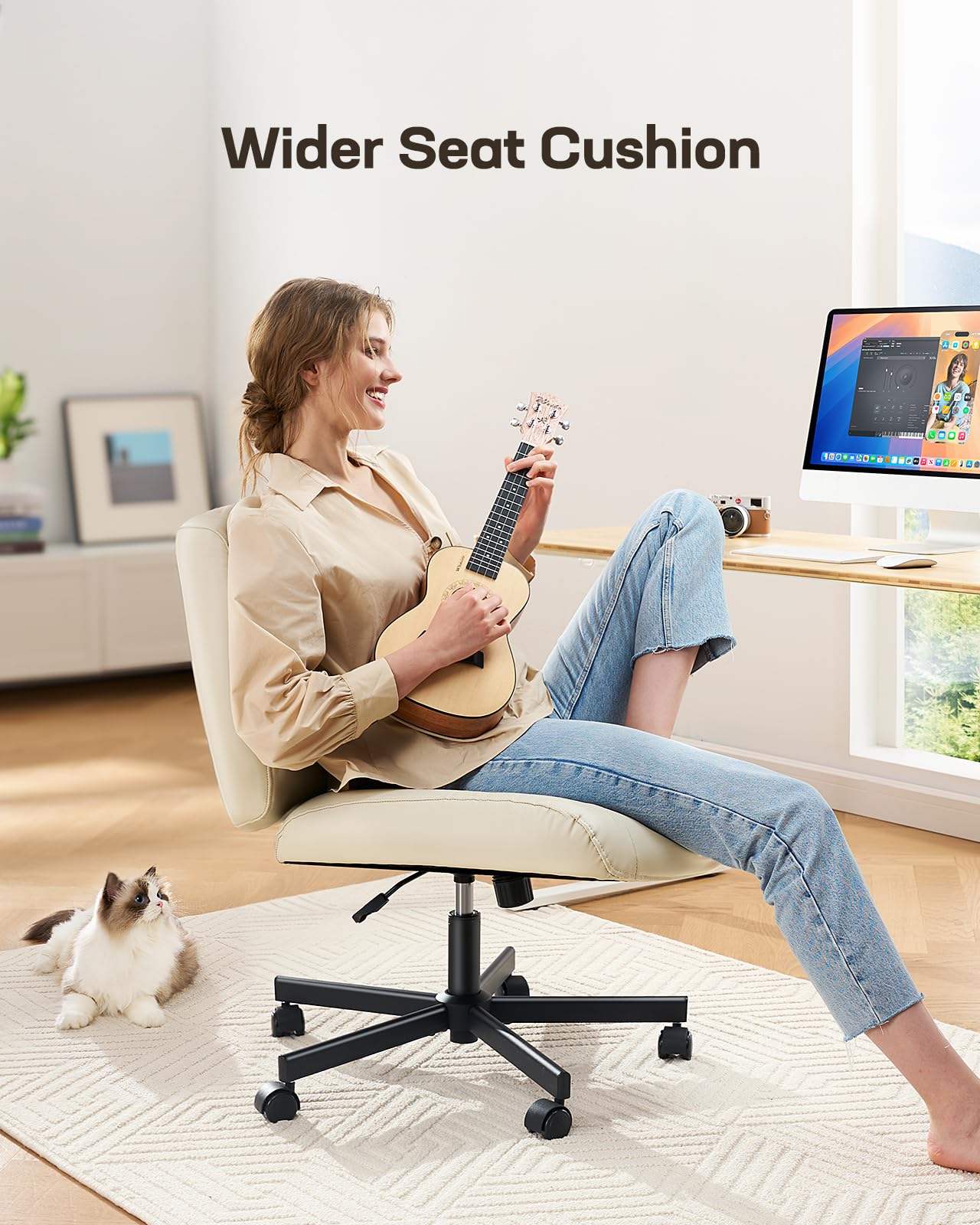 Marsail Criss Cross Chair with Wheels, Scratch-Resistant PVC Leather Cross Legged Office Chair, Wide Mid-Back Comfy Armless Desk Chair, Height Adjustable Vanity Computer Chair for Home Office