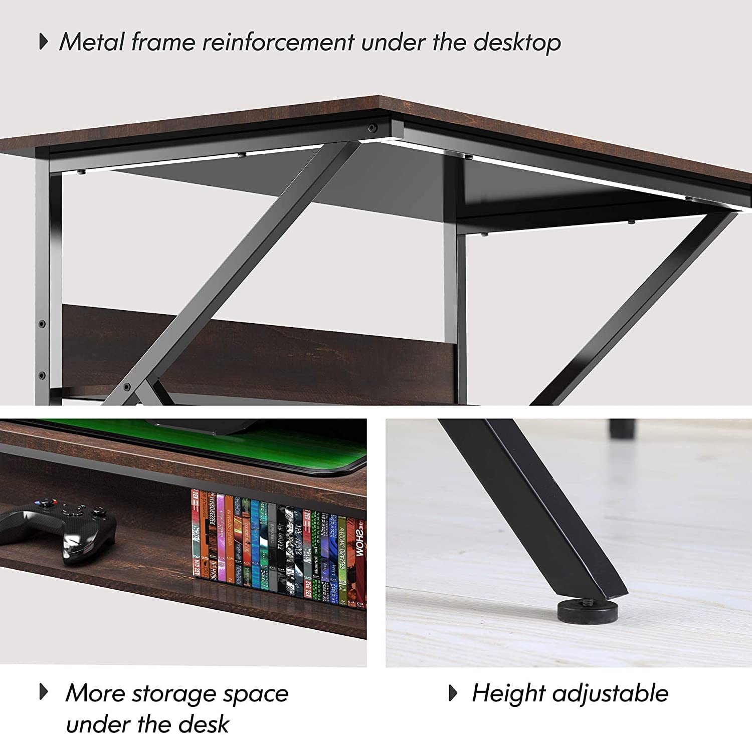 FITUEYES Gaming Computer Desk with Blue LED Light, 27" Sturdy Writing Tables with Storage Shelf for Home and Office