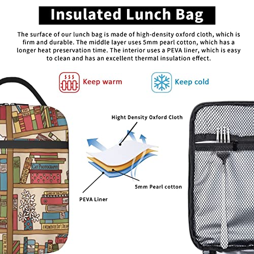 Lizinna Nerd Book Lover Kitty Sleeping Over Bookshelf Library Academics Feline Boho Design Reusable Lunch Bag