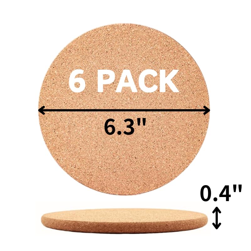 ROLUXENTIA 6.3 Inch Cork Trivet - 6 Pcs Heat Resistant Coasters and Pads for Hot Dishes, Pots, Cups - Refined Cork Placemats for Table & Countertop Protection in Kitchen