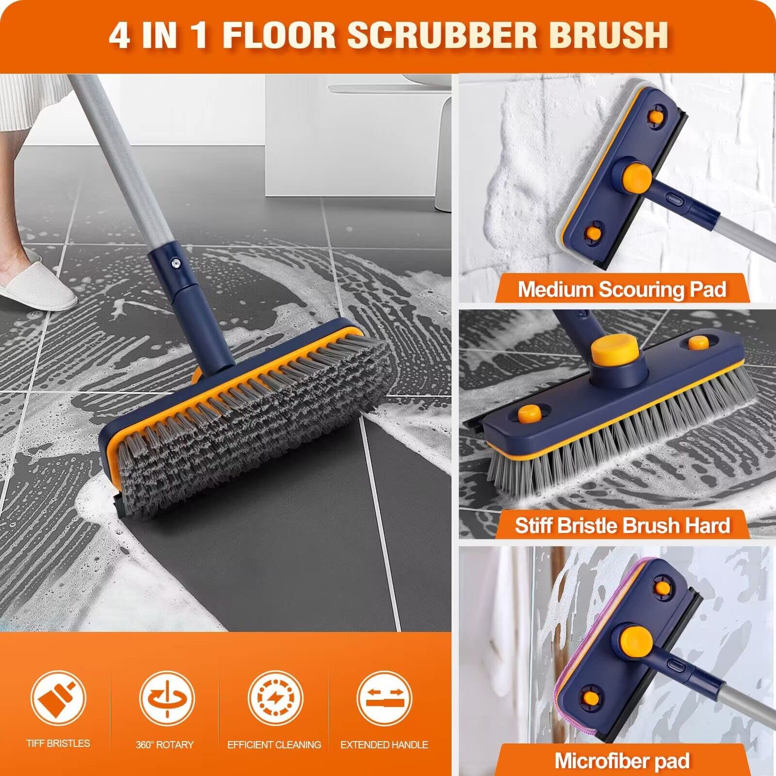 MARSBASE Floor Scrub Brush, 4 in 1 Shower Scrubber with 58" Long Handle, Stiff Bristle Tub Tile Cleaning Brush, No Scratch Multi-use Household Brush for Bathroom, Glass, Tile, Bathtub, Wall, Kitchen