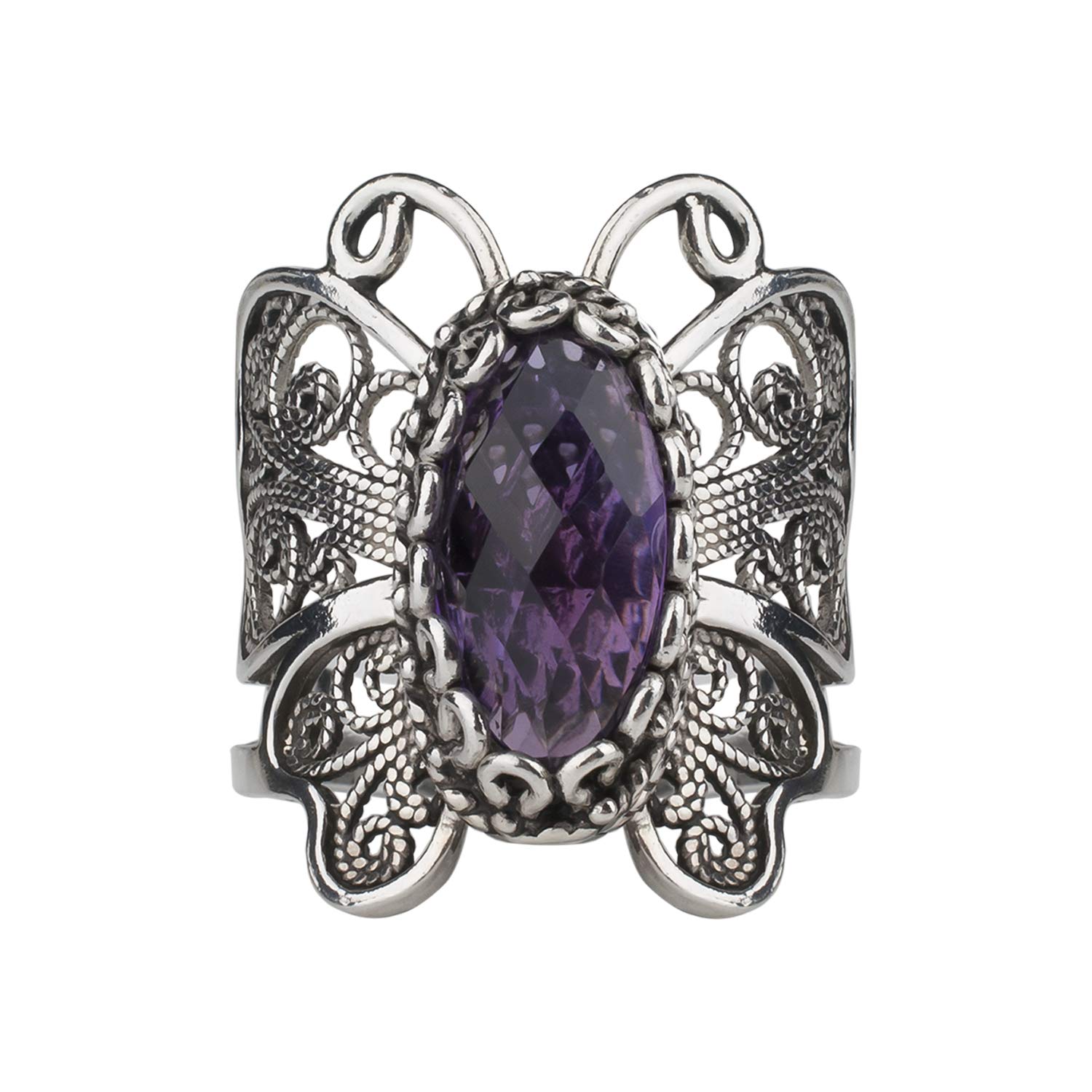 Genuine Amethyst Citrine Blue Topaz Gemstone 925 Sterling Silver Filigree Style Butterfly Figured Ring for You and Your Precious (Size 5-12) (7, Amethyst)