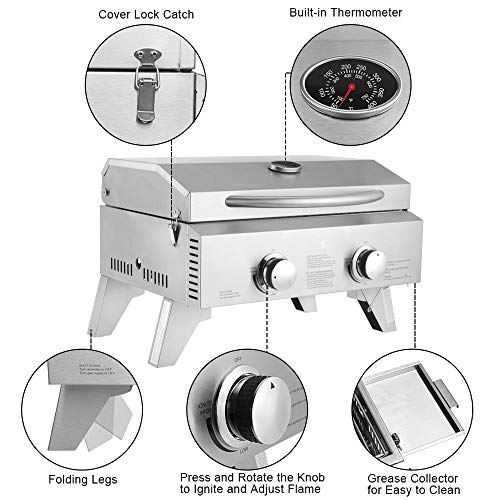 ZOKOP Portable Propane Gas Grill, 20000 BTU Tabletop Stainless Steel 2-Burner BBQ Grid with Foldable Legs for Picnic Camping Trip, Tailgating, Patio Garden Home Use, 22 x 18 x 15 Inch, Steel, Silver