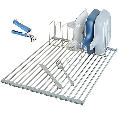 HRAYLTOP Roll Up Dish Drying Rack with Pot Lid Organizer,Plate Holder Rack Over The Sink,Kitchen Foldable Multipurpose Heat Resistant Dish Drainer Rack for Fruits Vegetable and Meat 16.9" x 14.2"