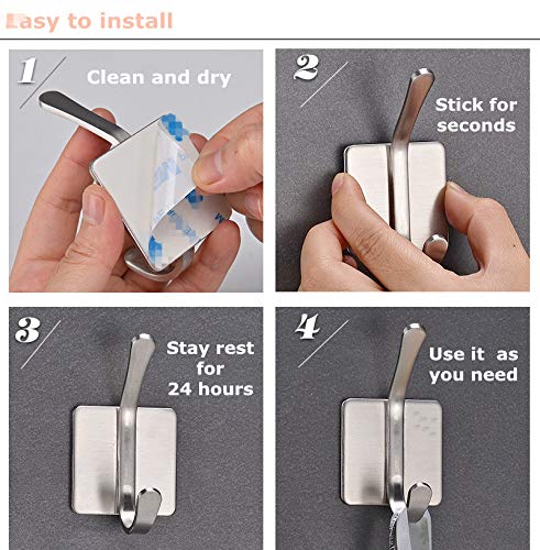 ZSYSUP 4 Pack Stainless Steel Adhesive Wall Hooks for Hanging, Seft-Adhesive Robe/Coat/Hat/Towel/Key Hooks for Bathroom Kitchen Curtain Door