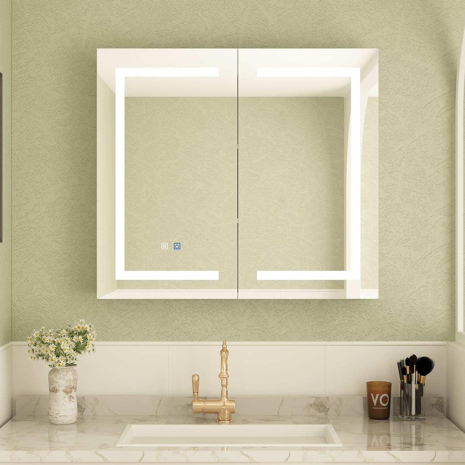 MOUMON Medicine Cabinet with Mirror for Bathroom, LED Lighted Mirror Cabinet with Anti-Fog, Wall-Mount Bathroom Mirror with Storage Shelves, Adjustable Lights, 2 Doors, White, 5.1”D x 35.4”W x 31.5”H