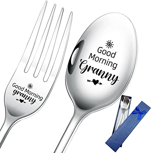 HSSPIRITZ 2 Pieces Good Morning Granny Funny Engraved Stainless Spoon Fork Set,Restaurant Dinner Spoon and Fork With Gift Box,Best Gifts for Grandma Mom Birthday Mother's Day Christmas