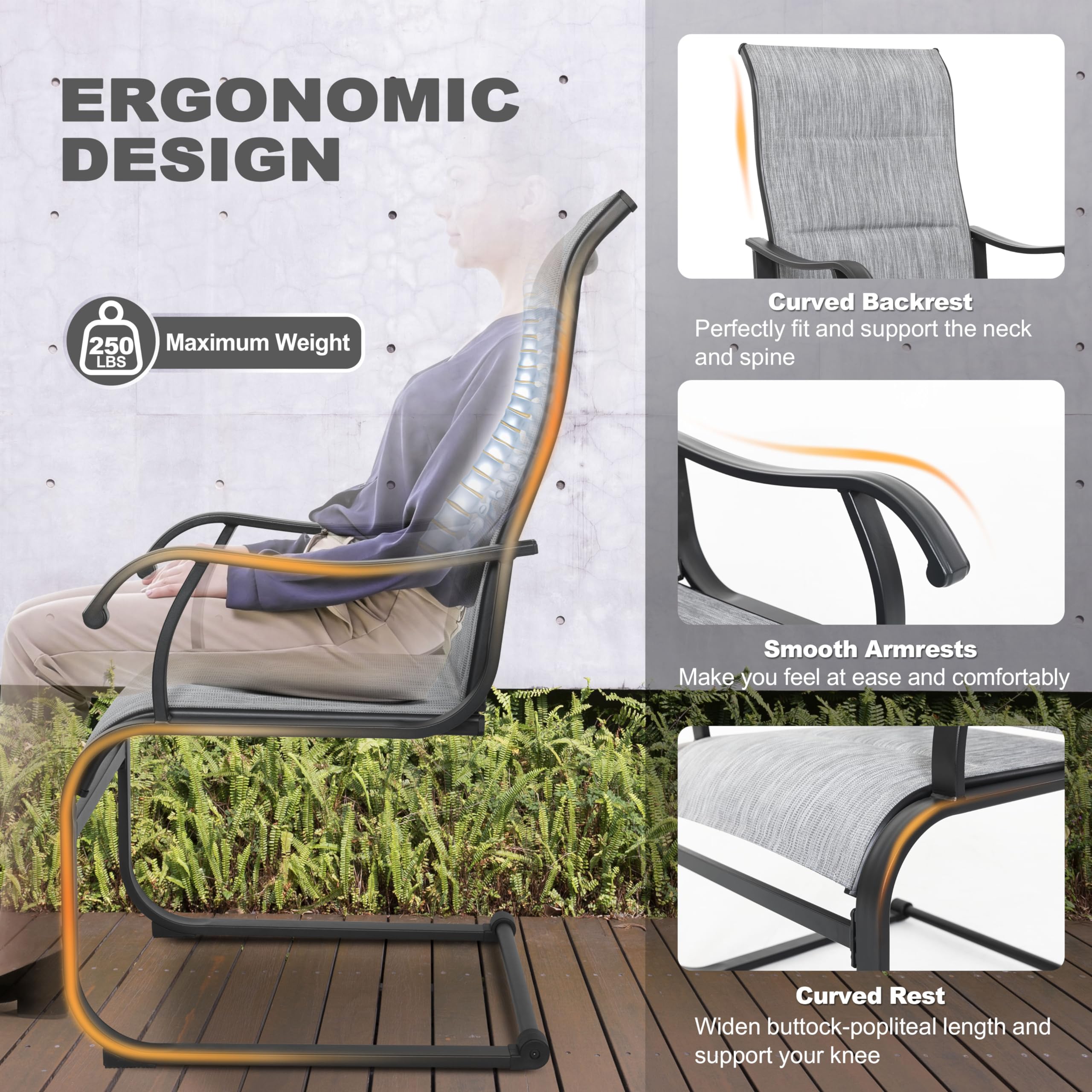 NUU GARDEN Outdoor Patio Dining Chairs Set of 2, Padded Textilene High Back Patio Chairs,All Weather Breathable Spring Motion Textile Outdoor Dining Chairs for Backyard,Deck, Lawn, Grey