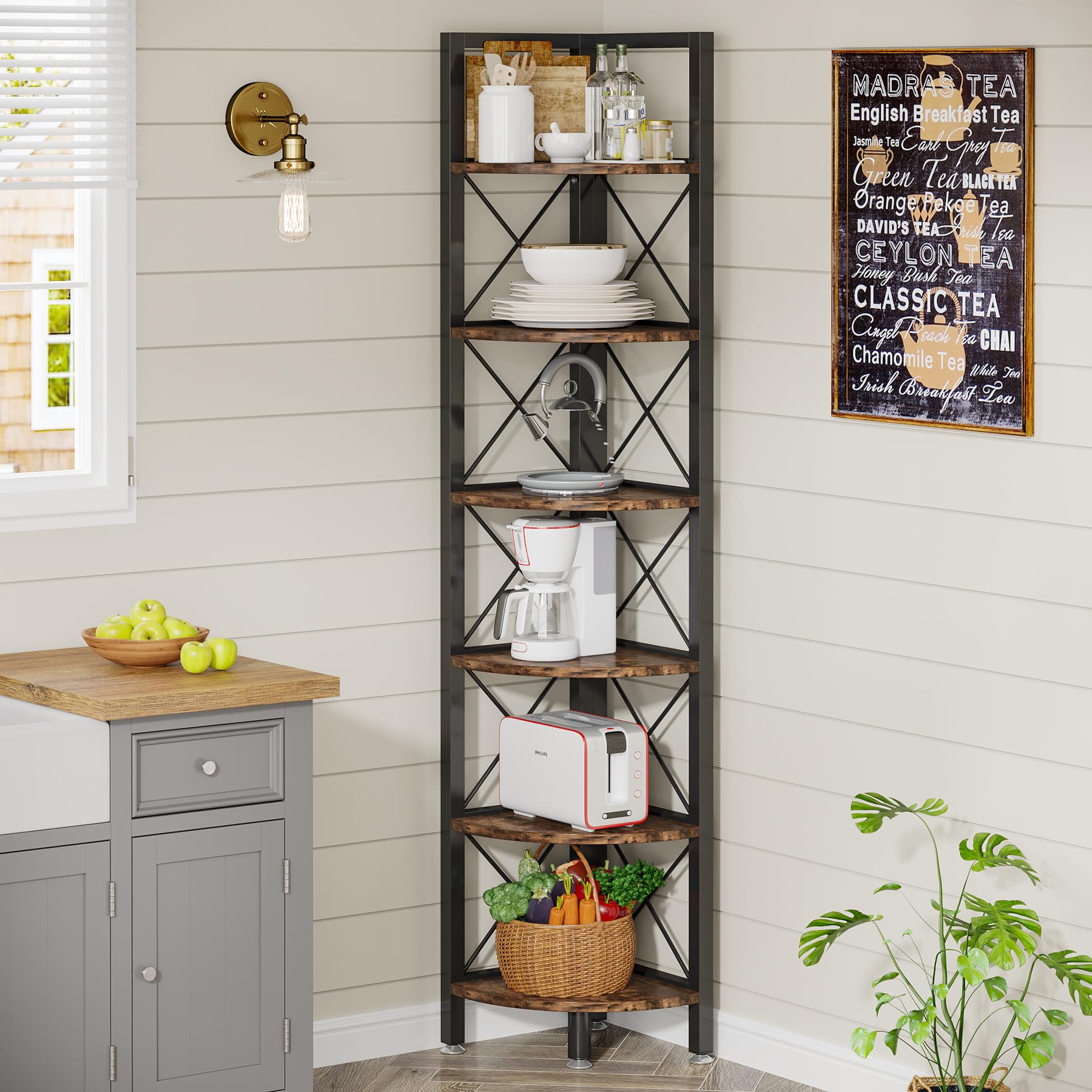 Tribesigns 6 Tier Corner Shelf, Modern Corner Bookshelf Small Bookcase Corner Storage Rack Plant Stand for Living Room, Home Office, Kitchen, Small Space