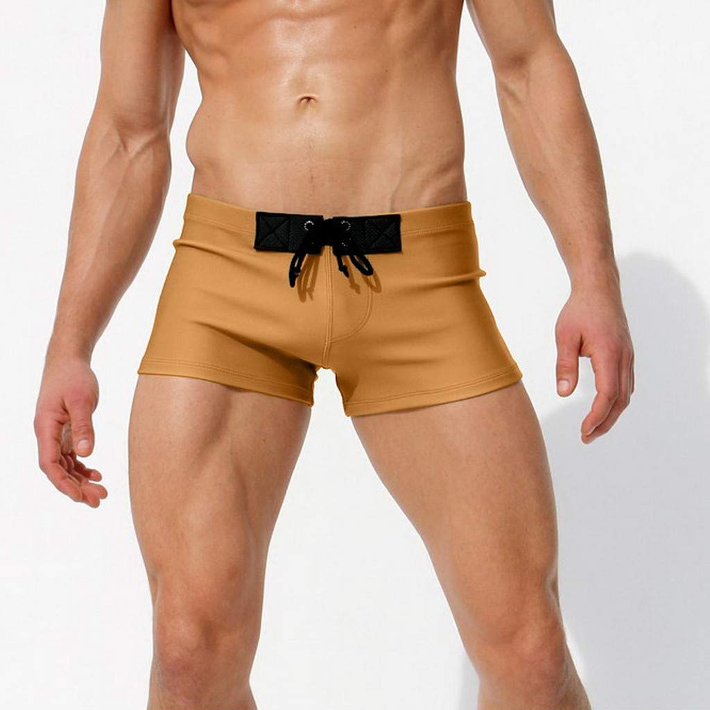 FDSD Man Swimsuit Men's Swim Trunk Solid Color Drawstring Quick Dry Low-Rise Sexy Soft Summer Shorts (XL, Khaki)