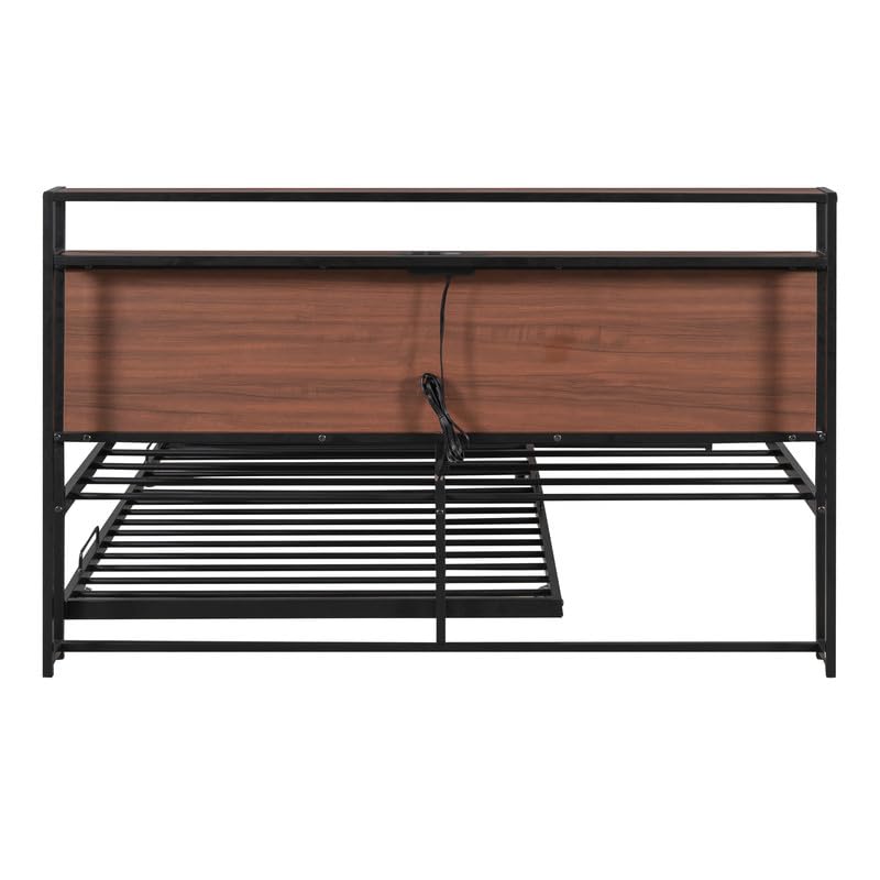 FDSPDO Queen Size Metal Platform Bed Frame with Trundle, USB Ports and Slat Support,No Box Spring Needed Black
